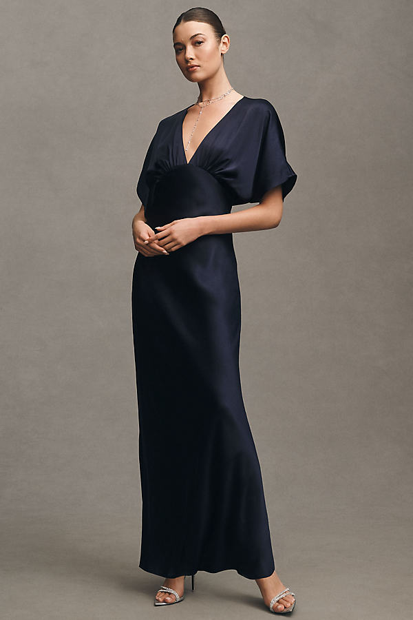 BHLDN Amelia Deep-V Flutter-Sleeve Satin A-Line Gown